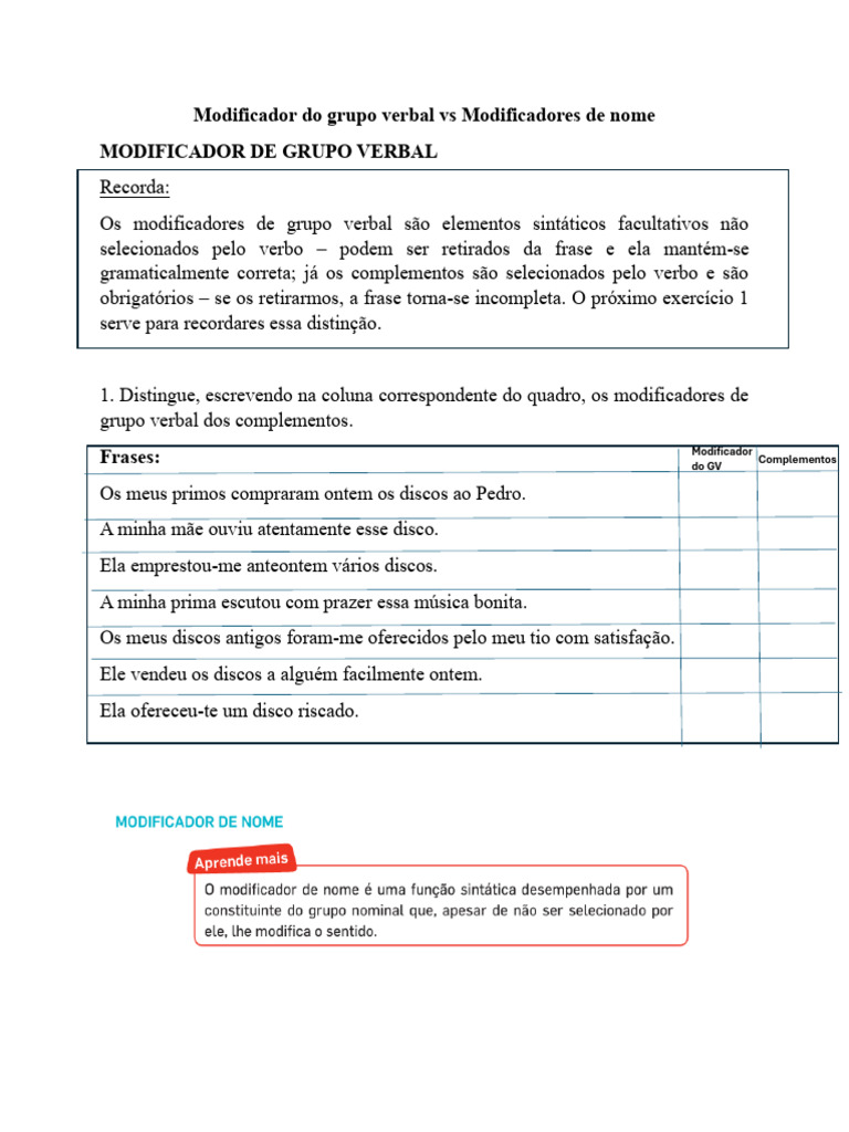 Modificador Do Grupo Verbal Vs Modificadores de Nome | PDF