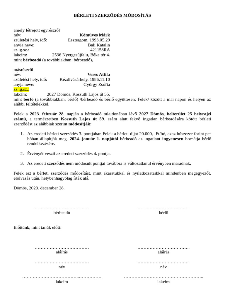 Berleti Szerzodes Modositas 240101 | PDF