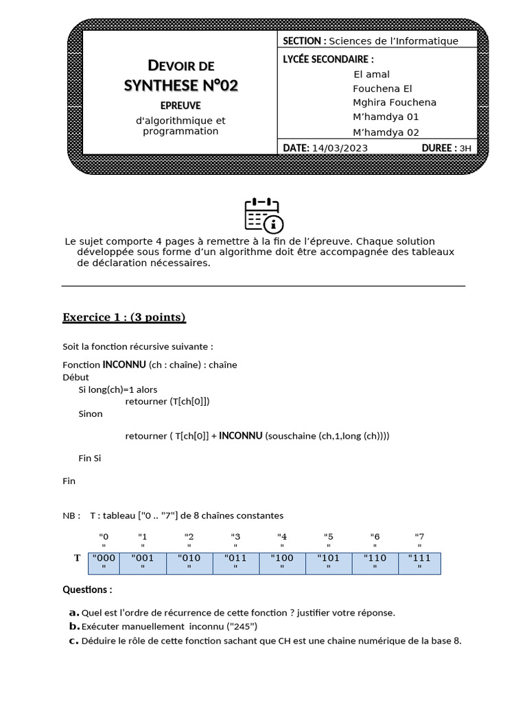 4si - Devoir de Synthèse N° - 2 | PDF | Informatique | Programmation ...