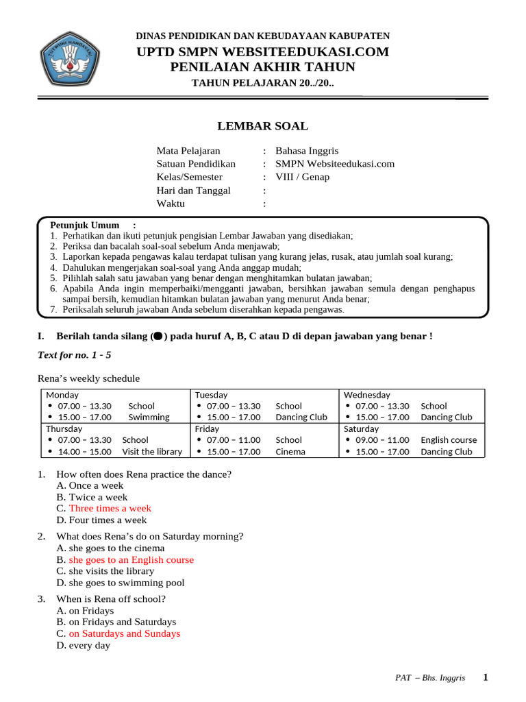 Soal PHT B.ING Kelas 8 K13 | PDF