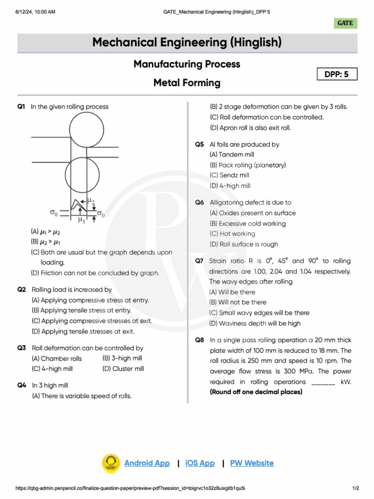 Metal Forming - DPP 05 | PDF | Stress (Mechanics) | Deformation (Engineering)