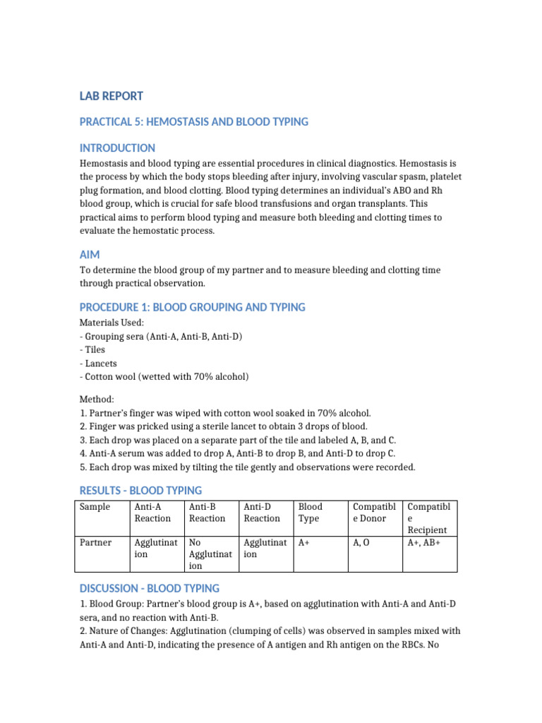 Lab Report Hemostasis and Blood Typing | PDF | Coagulation | Blood Type