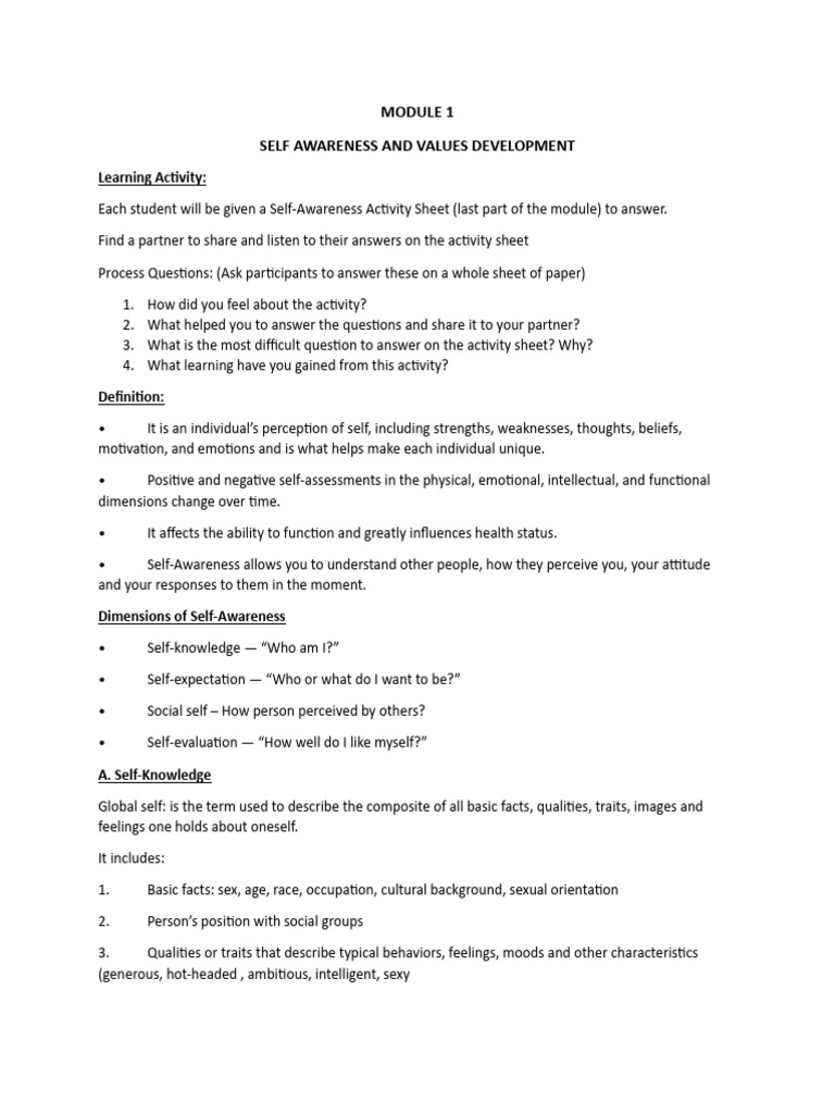 MODULE 1 Self Awareness and Values Development | PDF | Self Esteem | Cognition
