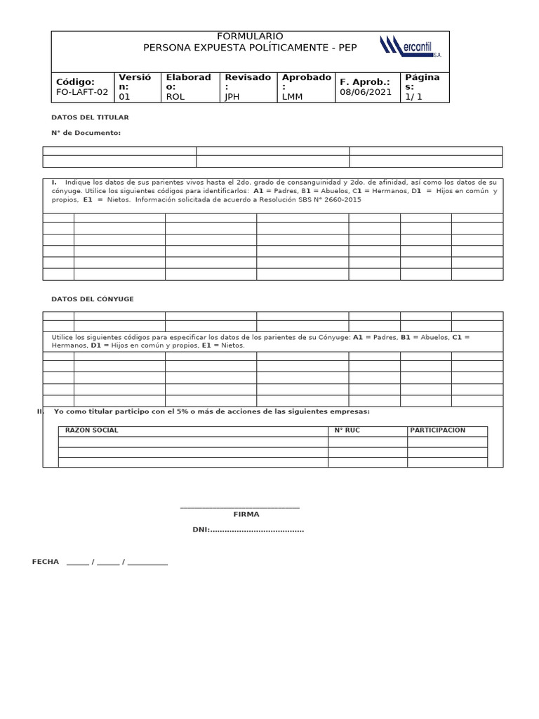 FO-LAFT-02 FORMULARIO - Persona - Expuesta Politicamente - PEP | PDF