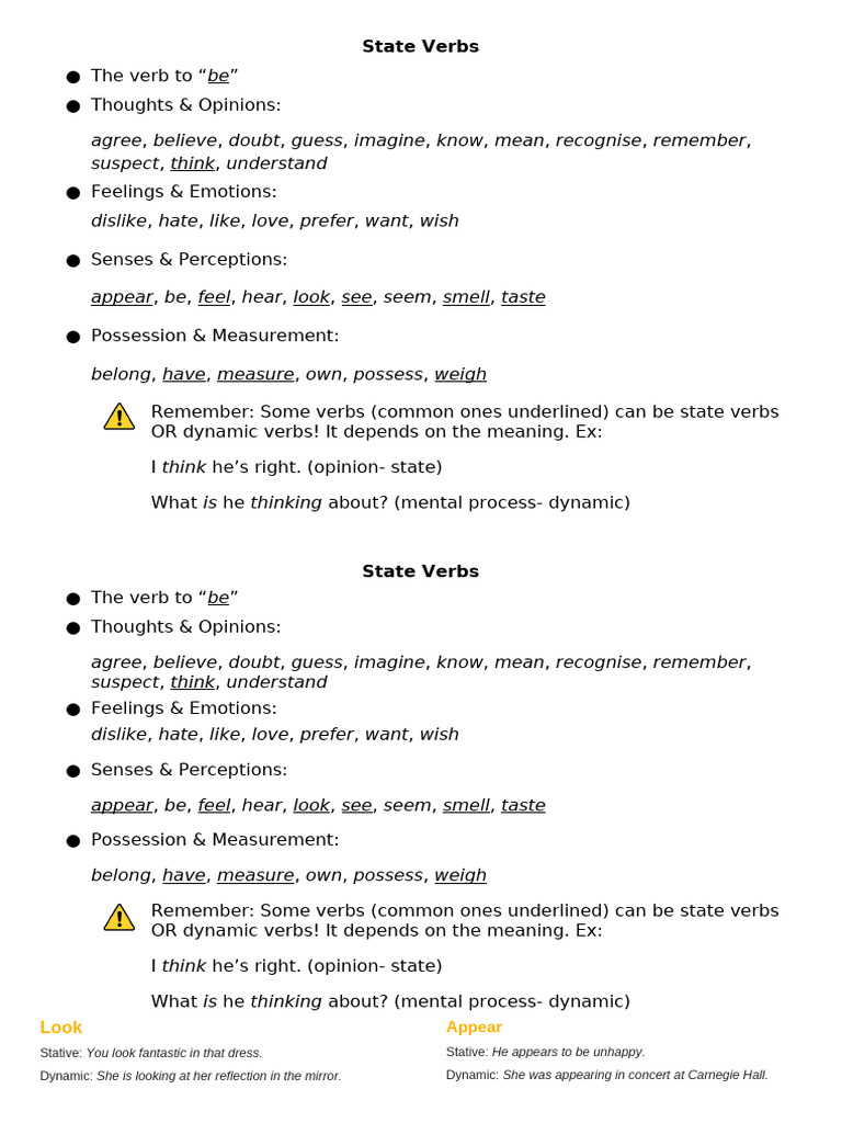State Verbs Handout Explanation | PDF | Feeling | Cognitive Science
