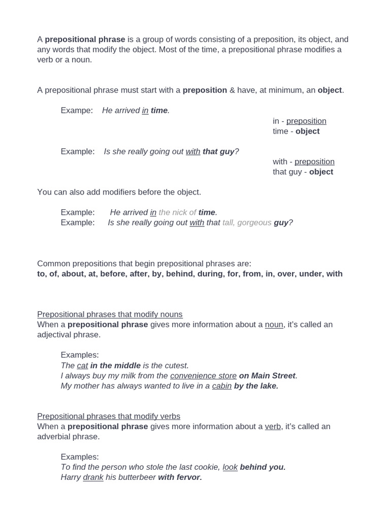 Prepositional Phrase Explanation | PDF