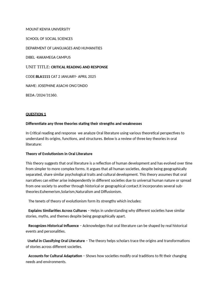 BLA1111 - Critical Reading and Response CAT2 | PDF | Narrative | Oral Tradition