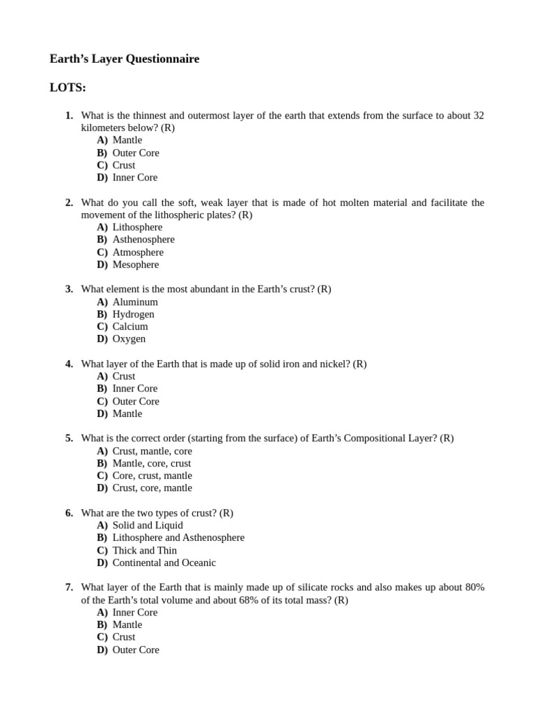 EARTHS-LAYER-QUESTIONNAIRE | PDF | Earth | Crust (Geology)
