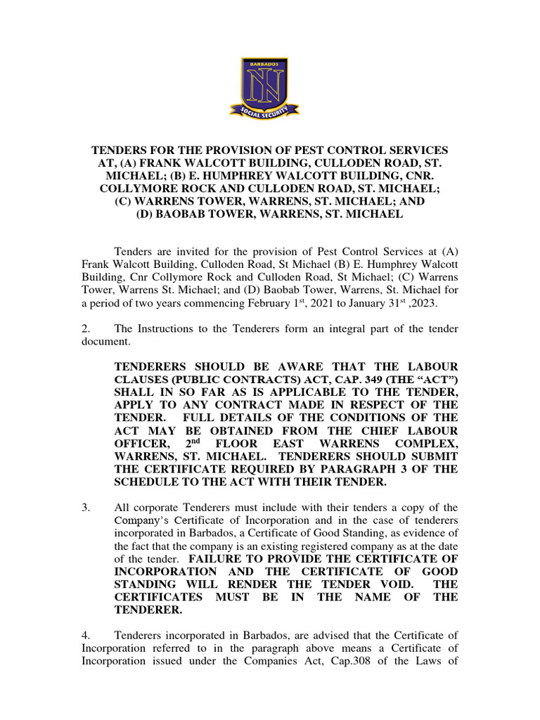 Pest Control Services Tender Notice | PDF | Insurance | Surety