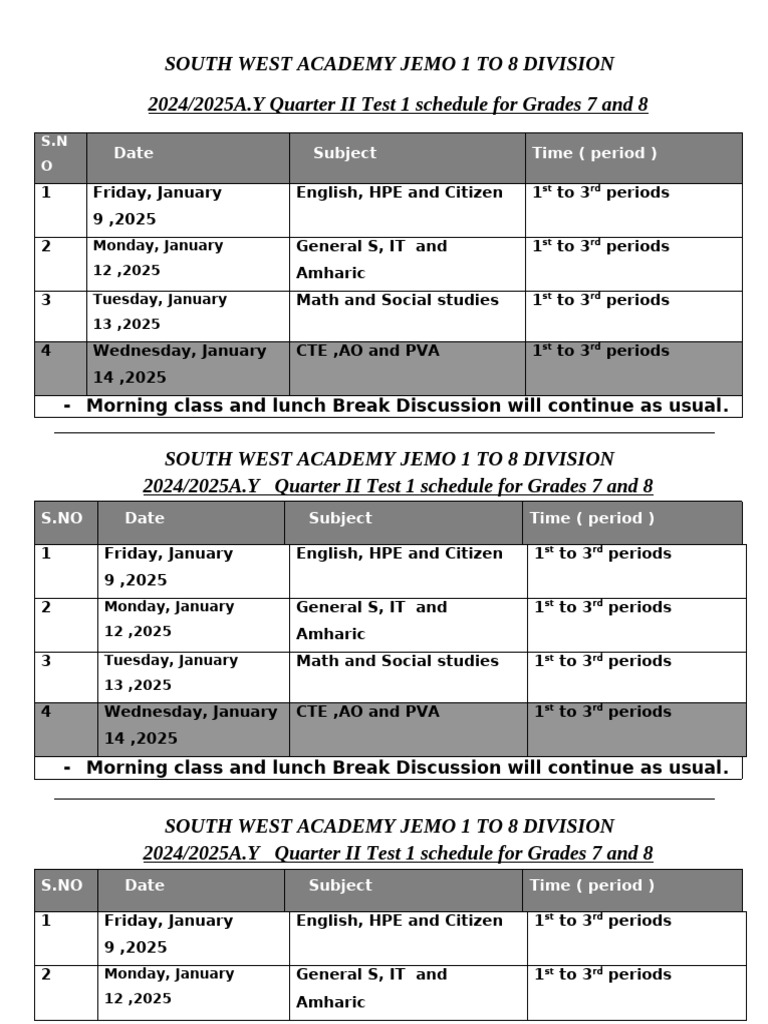 2024/2025 Grade 7-8 Test Schedule | PDF