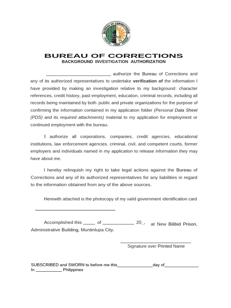 BUCOR Background Investigation Authorization | PDF