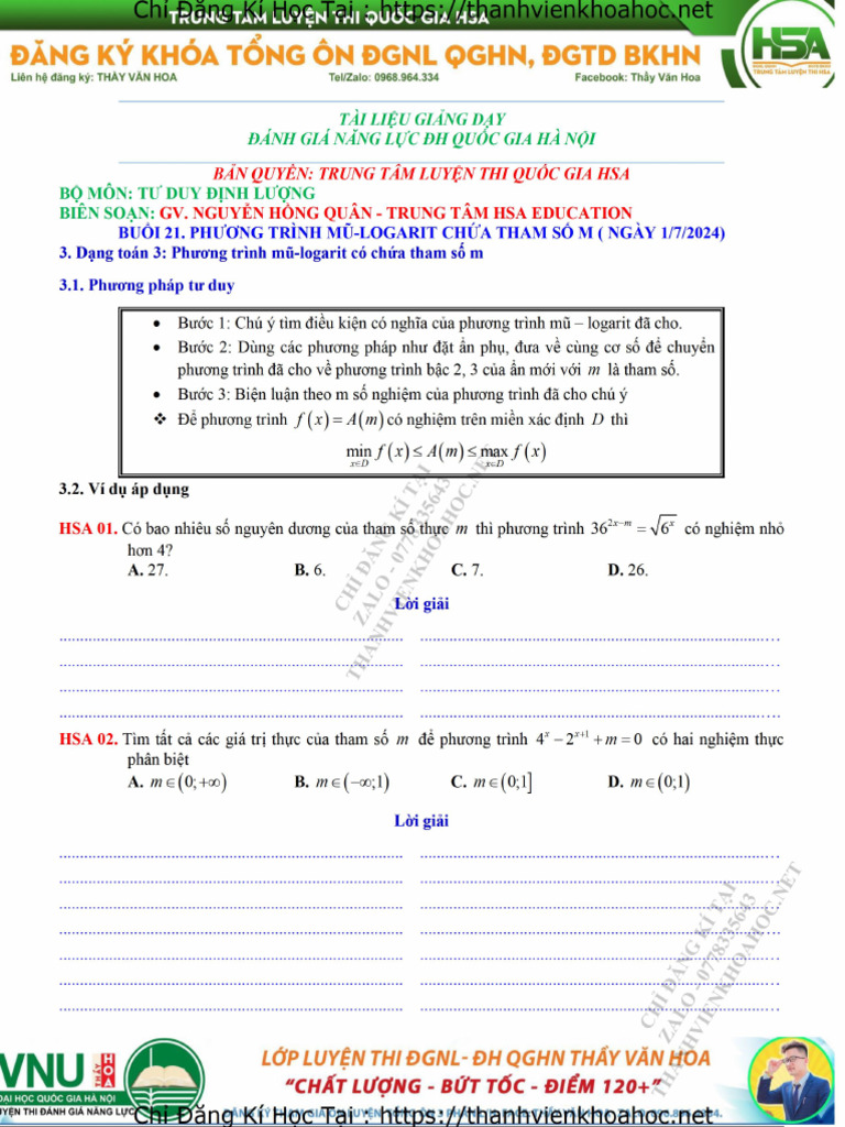 Hsa.buổi 21 - Lt - Phương Trình Mũ - Logarit Chứa Tham Số m | PDF