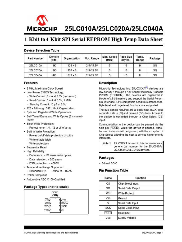 1 Kbit To 4 Kbit SPI Serial EEPROM High Temp Data Sheet 20002136C | PDF | Microcontroller ...