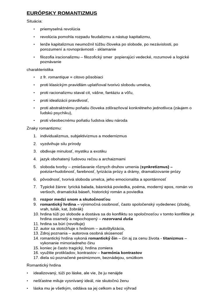 EURÓPSKY ROMANTIZMUS - Poznamky | PDF