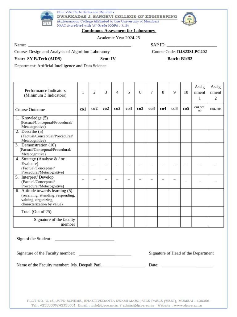 DAA Rubrics AI - DS - 2024-25 | PDF | Metacognition | Algorithms