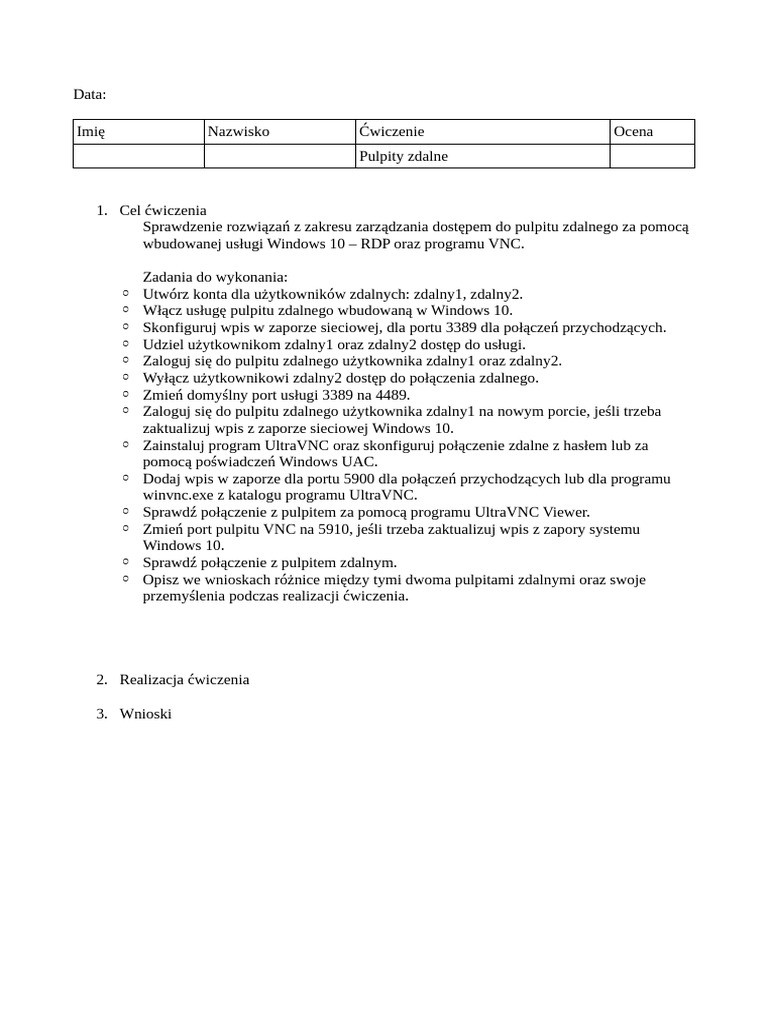 Sprawozdanie Pulpity Zdalne | PDF