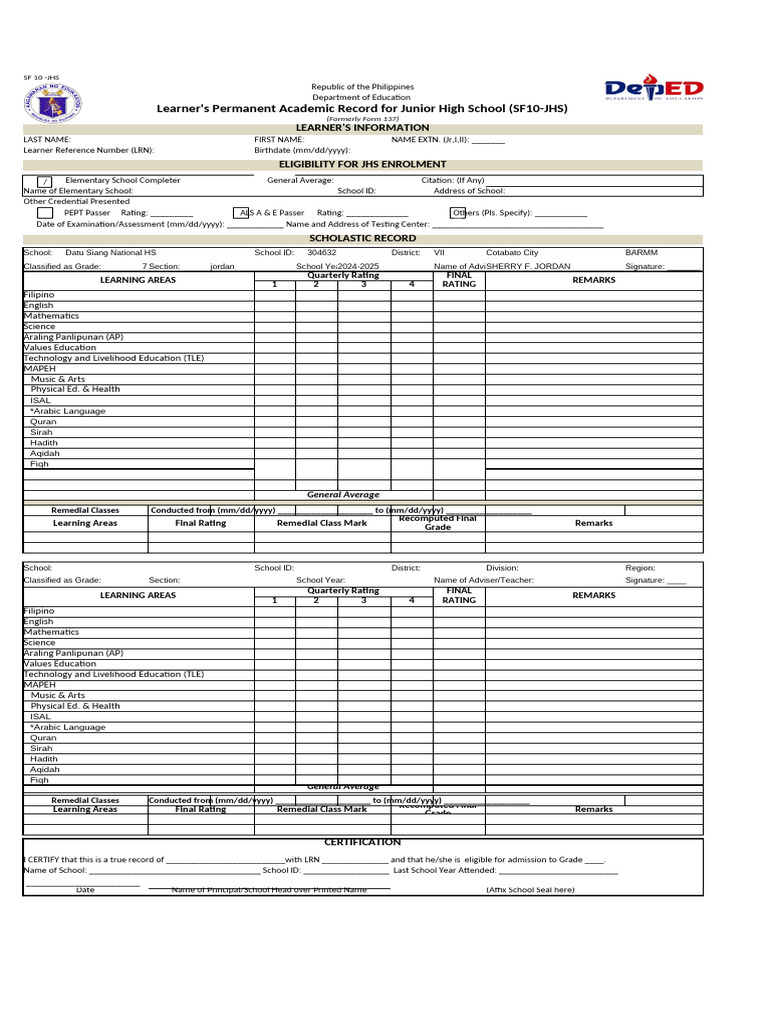 School-Form-10-JHS-Matatag_092622 | PDF