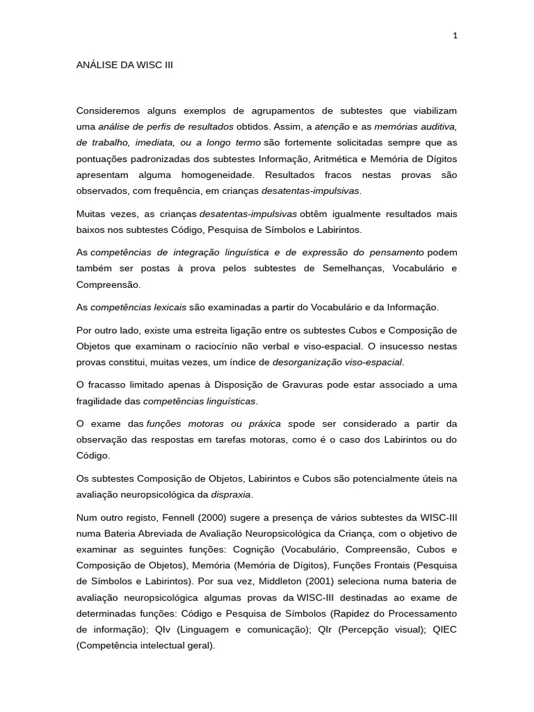 Análise dos Subtestes da WISC III | PDF | Memória | Aprendizado