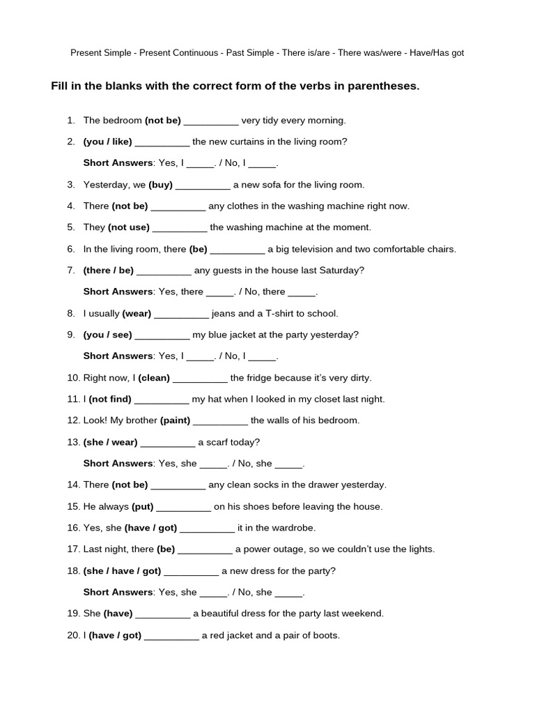 English Verb Tenses Practice Worksheet | PDF | Bedroom | Clothing