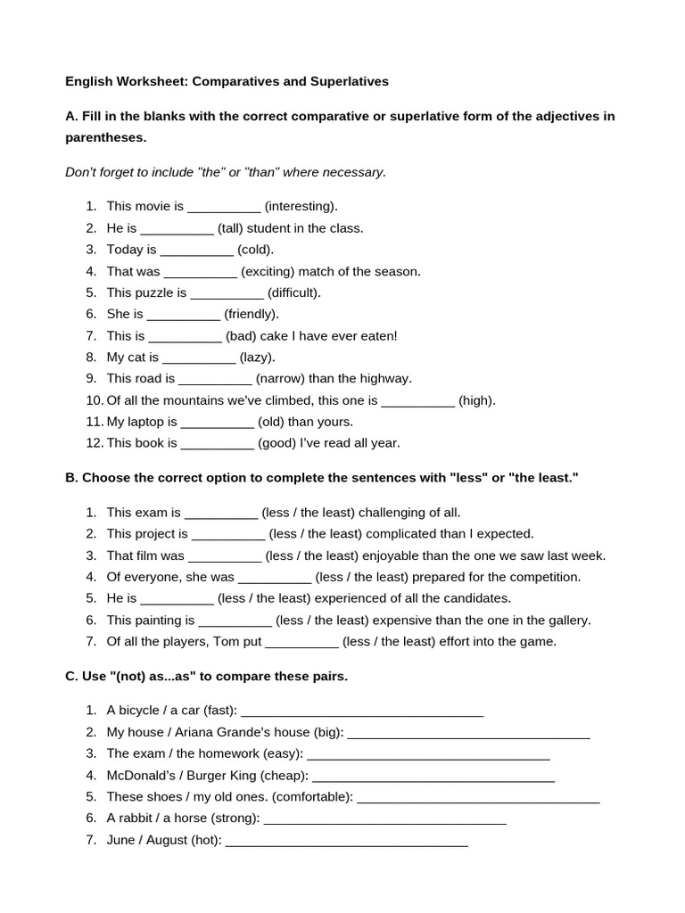 Comparatives and Superlatives Worksheet | PDF