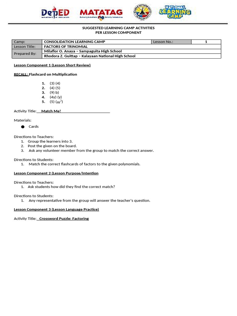 LESSON 1-NLC-G8 Mathematics Consolidation | PDF | Learning | Cognition
