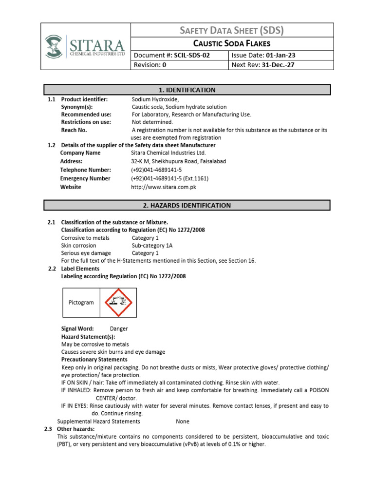 Caustic Soda Flakes Safety Data Sheet | PDF | Sodium Hydroxide ...
