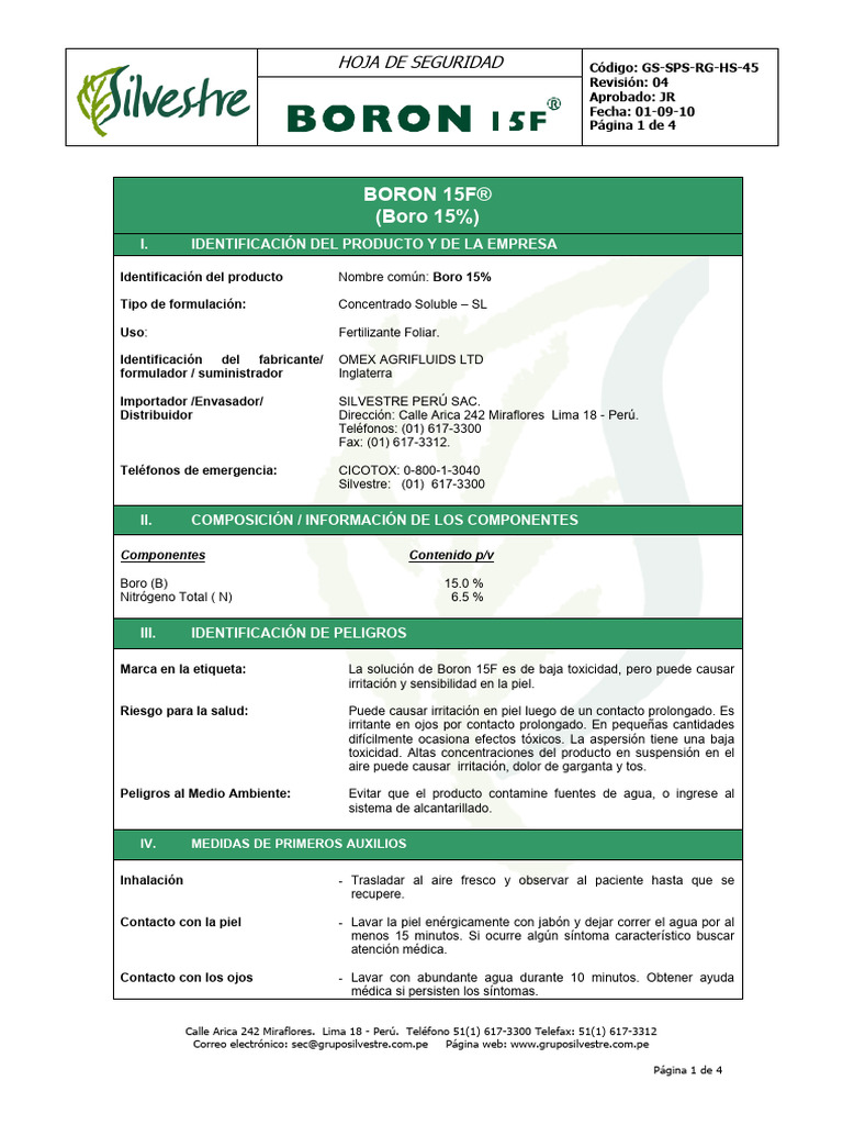 MSDS Boron | PDF | Agua | Dióxido de carbono
