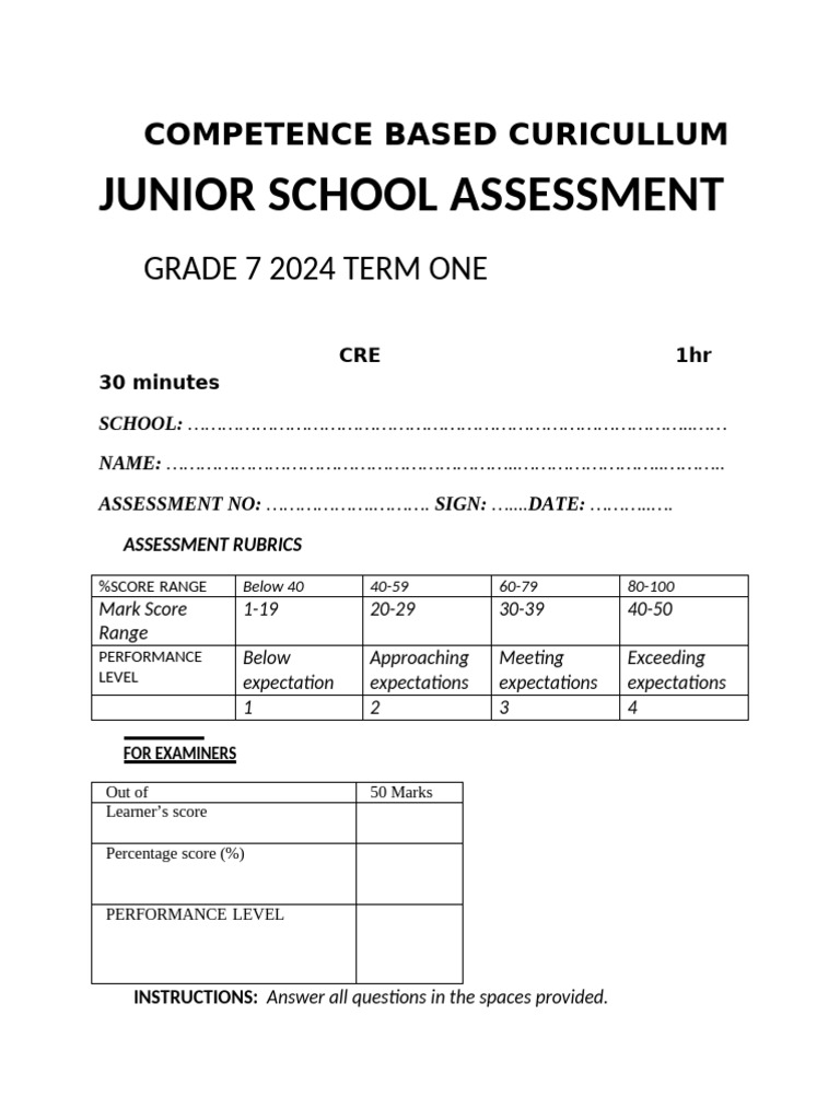 Grade 7 Cre QST 2024 Teacher - Co .Ke 6 | PDF | Bible | Religious Texts