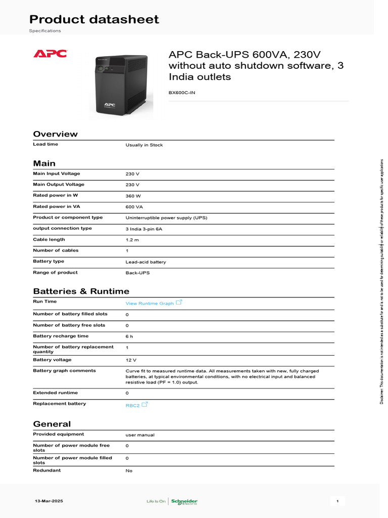 Schneider Electric_BackUPS-Battery-Backup_BX600C-IN | PDF | Mains ...