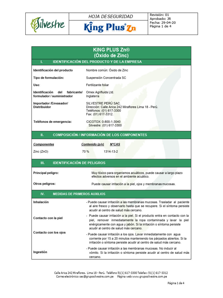MSDS Omex King Plus ZN | PDF | Óxido de zinc