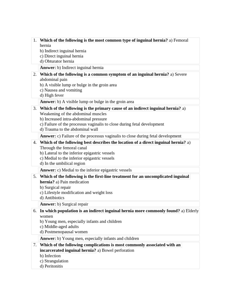 MCQs For Inguinal Hernia | PDF | Diseases And Disorders | Medical Specialties
