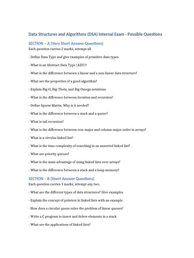 DSA Internal Exam Questions With Quiz | PDF | Queue (Abstract Data Type) | Algorithms And Data ...