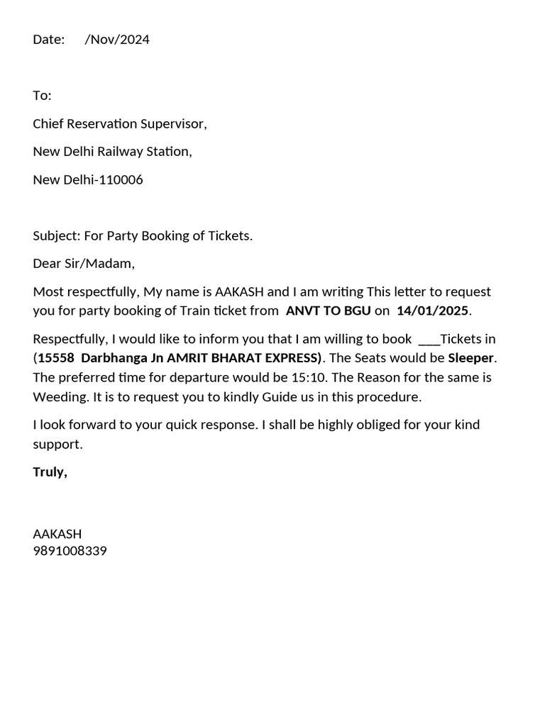 Party Ticket Booking Request Letter | PDF