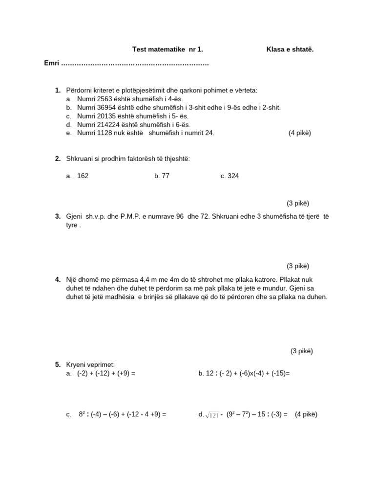 Test Vleresues Matematike 7 (Ndërmjetes) | PDF
