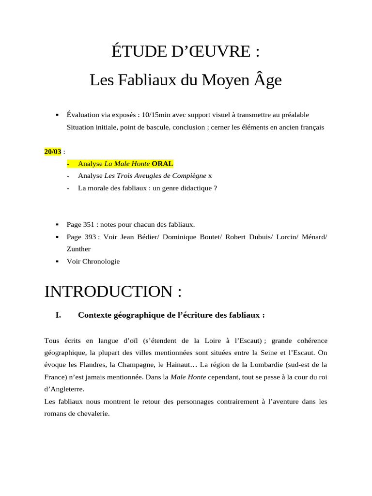 Les Fabliaux du Moyen Âge : Analyse et Contexte | PDF | Fable