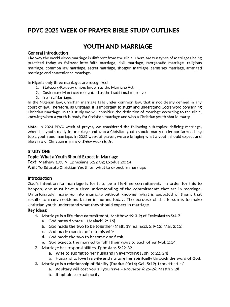 PDYC 2025 WEEK OF PRAYER BIBLE STUDY OUTLINES | PDF | Marriage ...