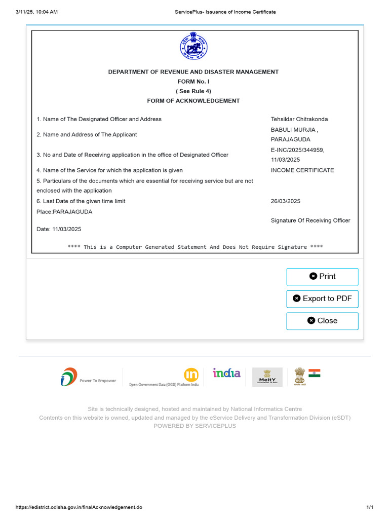 Income Certificate Acknowledgement Form | PDF