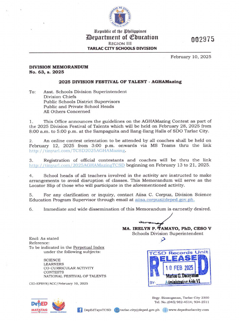 Division Memo No. 063 S. 2025 - 2025 DFOT AGHAMAZING | PDF | Science | Cognitive Science