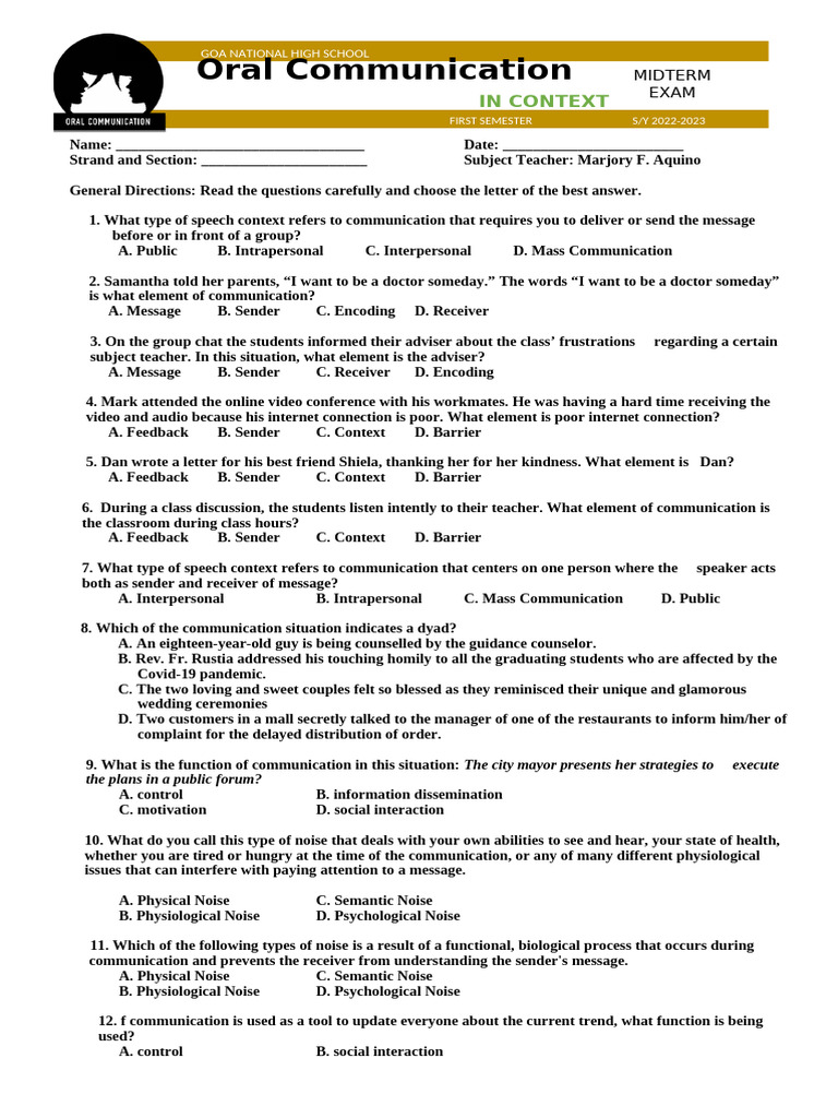 Oral Communication Midterm Exam Guide | PDF | Communication | Nonverbal ...