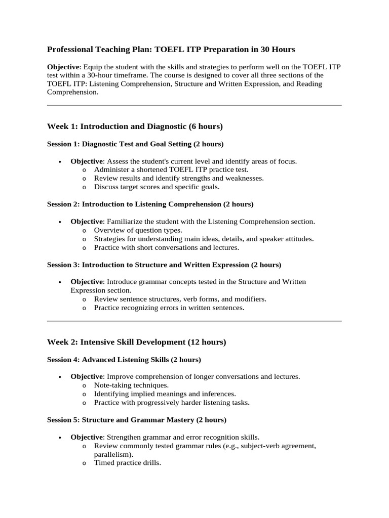 TOEFL ITP Teaching Plan | PDF | Test Of English As A Foreign Language ...