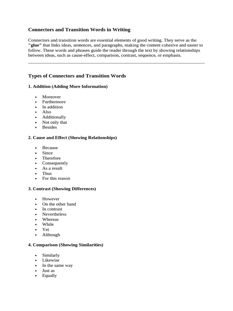 Connectors and Transitions in Writing | PDF