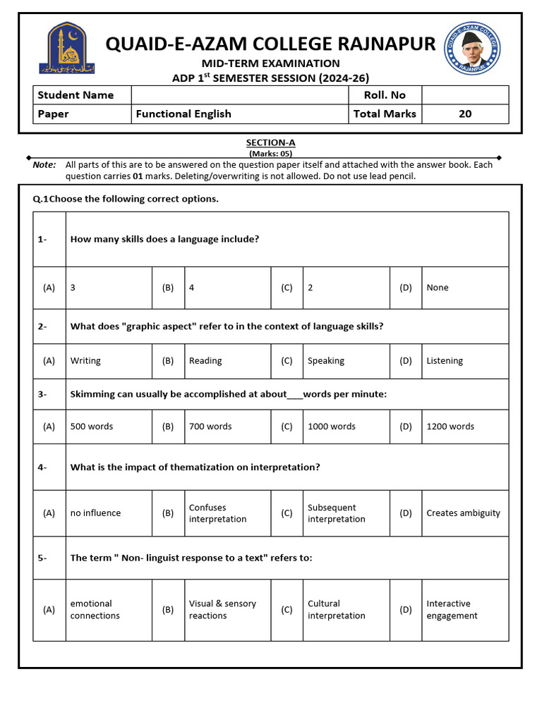 ADP 1st Semester Functional English Exam | PDF | Psychology | Linguistics
