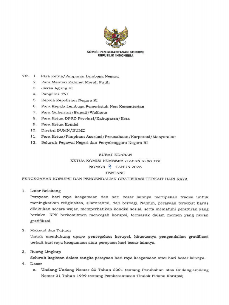 SE Nomor 7 Tahun 2025 Pencegahan Korupsi Dan Pengendalian Gratifikasi ...