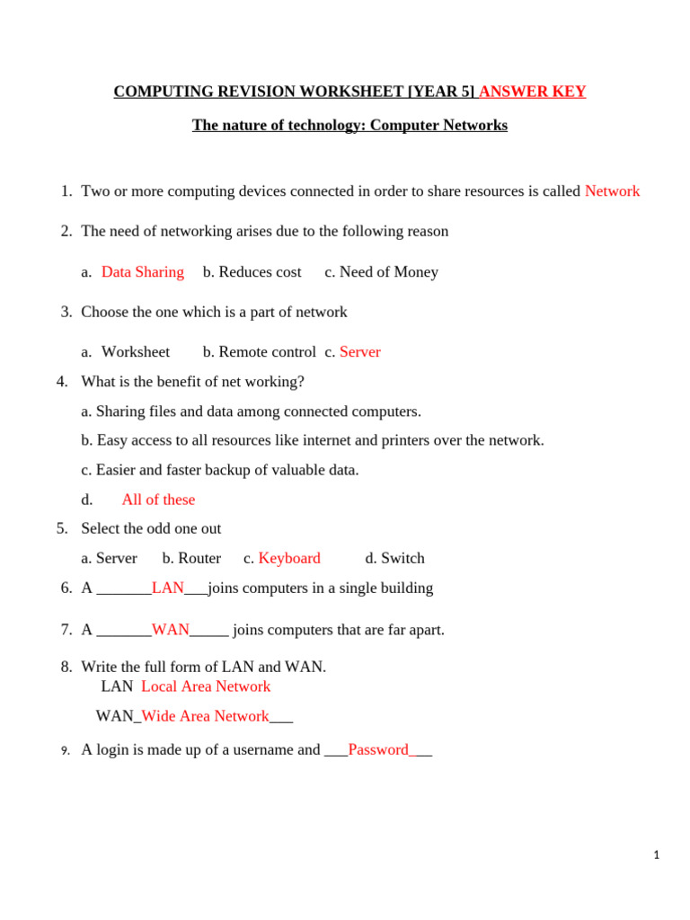 Year 5 Theory Revision Work Sheet Answer Key | PDF | Computer Network | Local Area Network