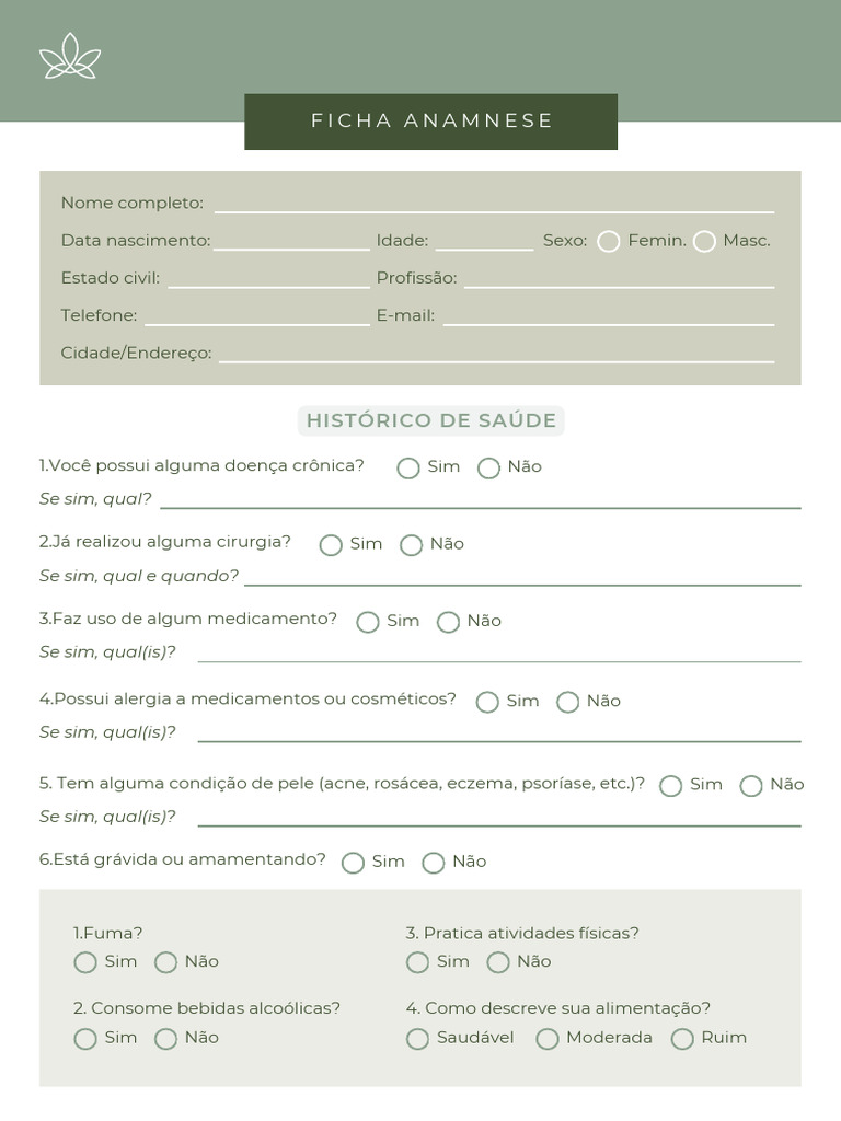 Documento A4 Ficha Anamnese Clínica Estética Elegante Verde | PDF