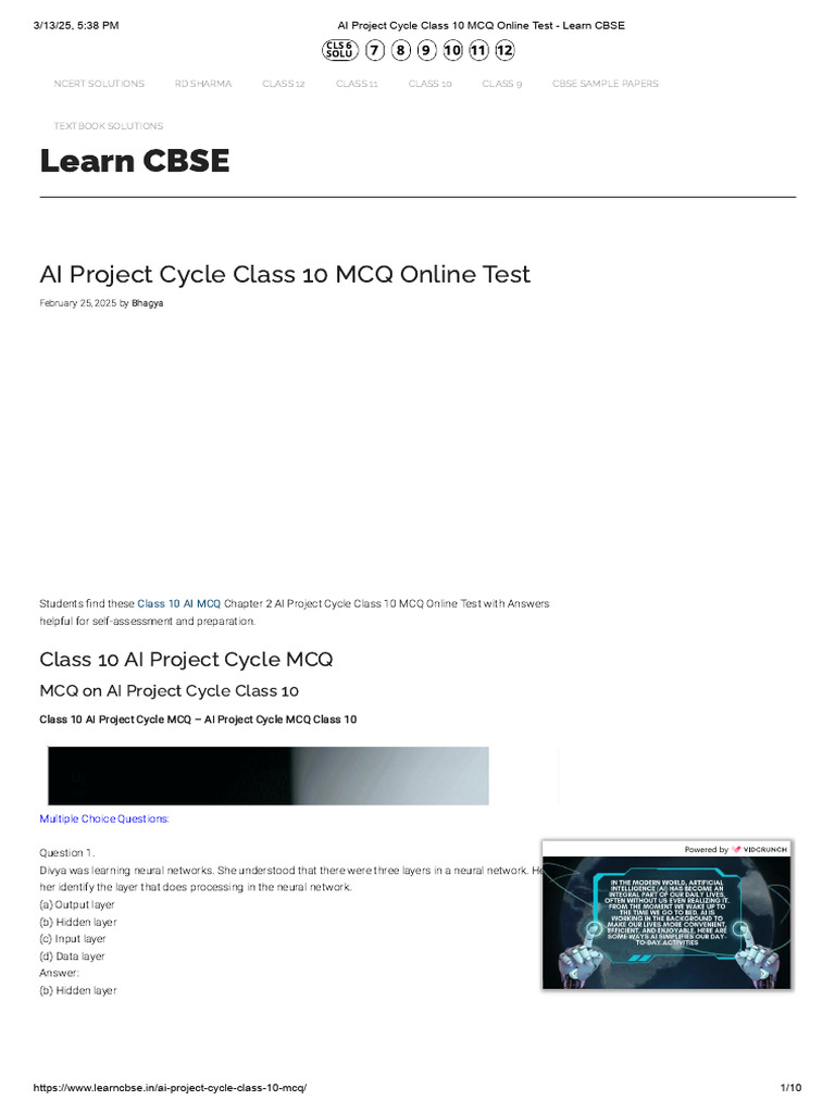 AI Project Cycle Class 10 MCQ Online Test - Learn CBSE | PDF | Machine ...