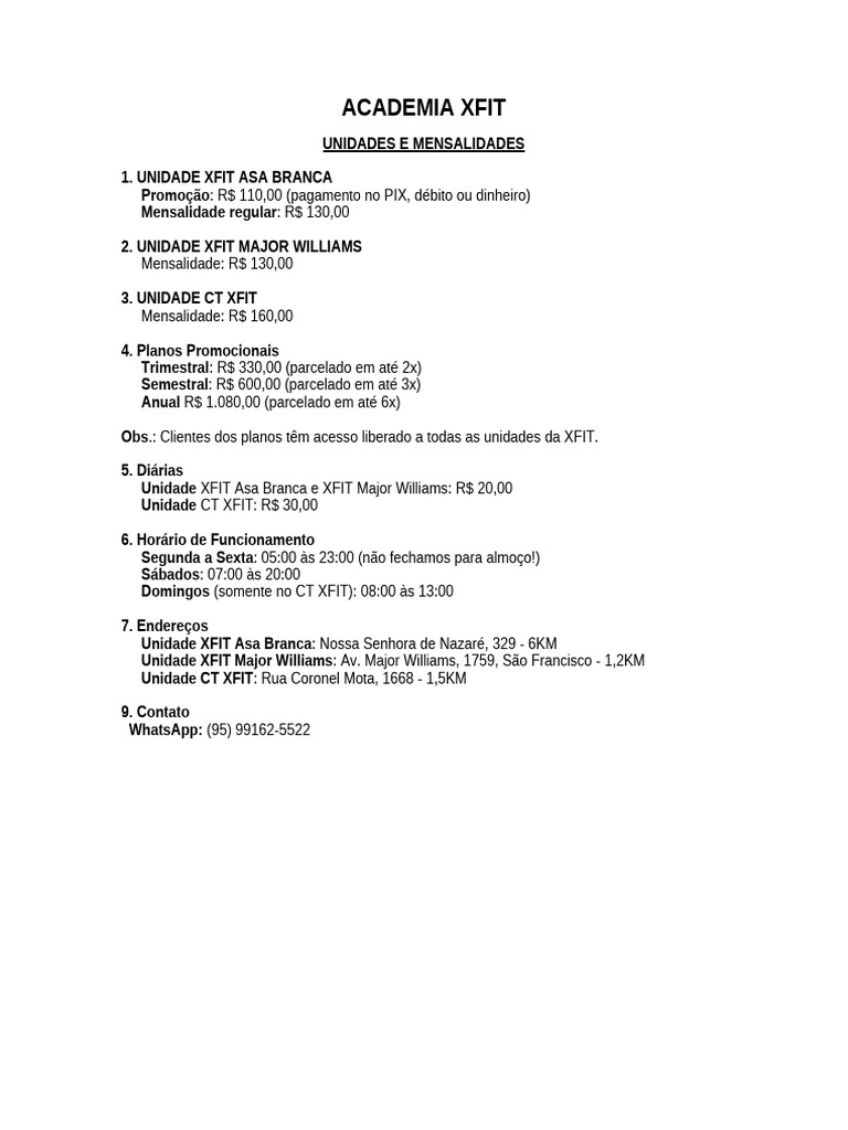 Mensalidades e Unidades da XFIT | PDF