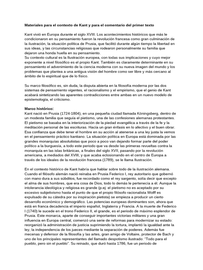 KANT - contexto y 1º texto para comentar_4a149ac3eba984b6751d592f963930eb | PDF | Immanuel Kant ...
