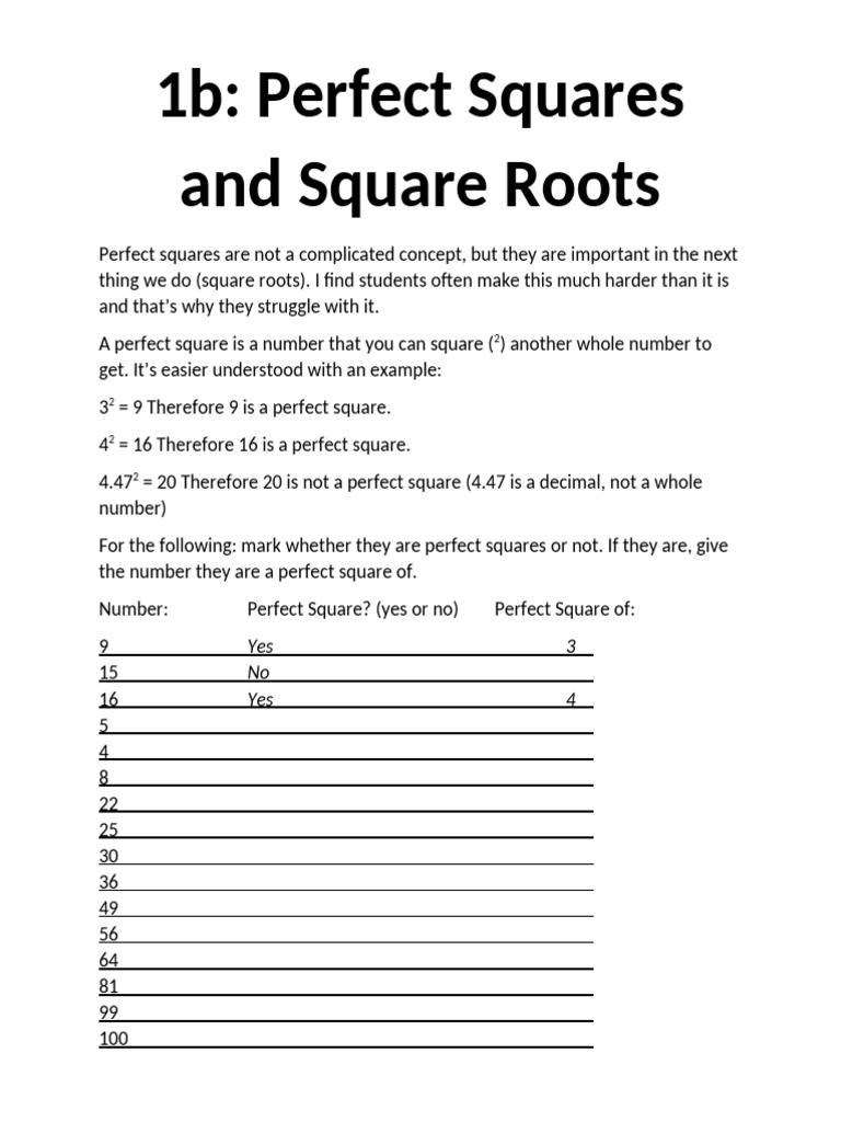 1b Perfect Squares and Square Roots | PDF | Square Root | Multiplication