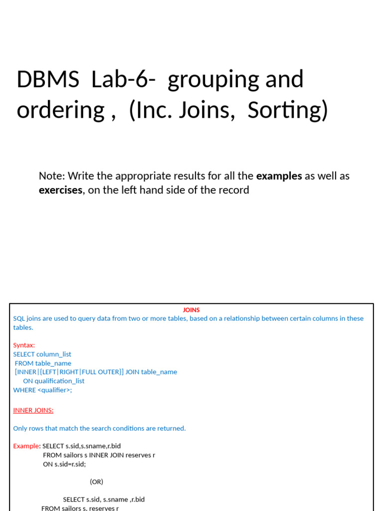 DBMS Lab 6 -Gping,Ordering(Joins and Sorting) | PDF | Data Management | Data